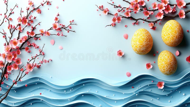 Spring Blossoms and Decorative Eggs with Blue Wave Patterns. Easter ...