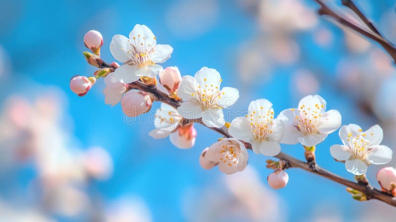 Spring Blossoms, Delicate Blossoms Bloom on Tree Branches Under a Clear ...