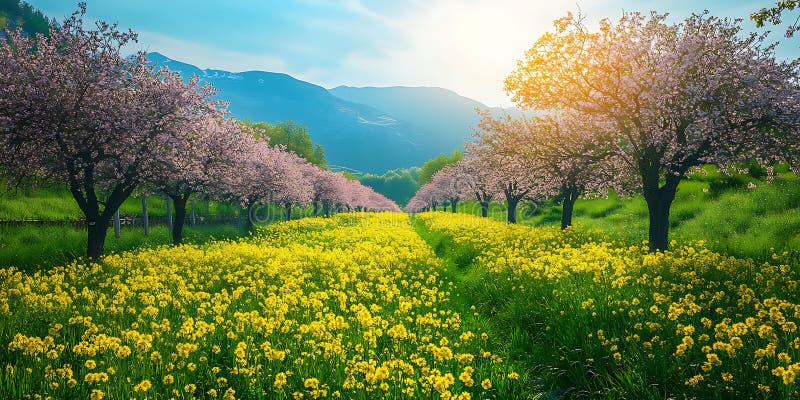 Spring Blossoms Serene Orchard Landscape Stock Illustration - Illustration of road, nature ...