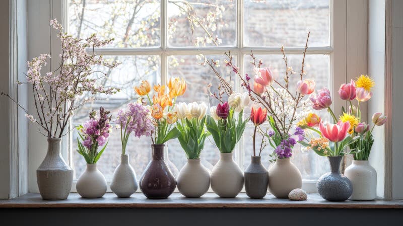 Spring Blossoms on Window Sill with Colorful Vases and Sunlight Stock ...