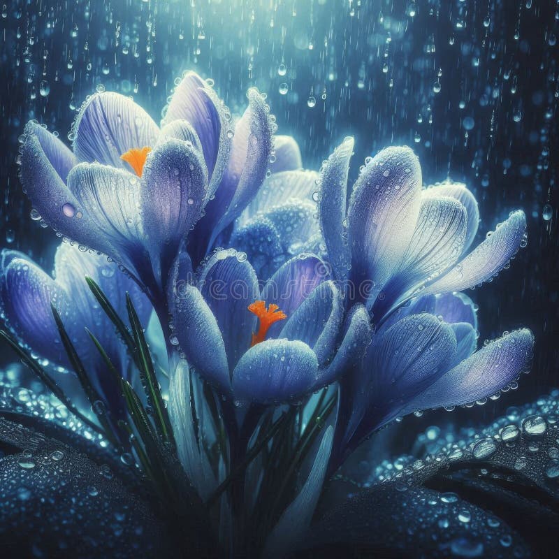 Spring Blue Crocus Flowers with Dew on Rain-Drop Streaked Background ...