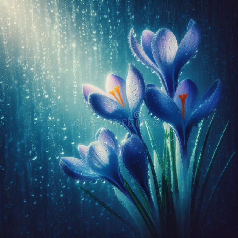 Spring Blue Crocus Flowers with Dew on Rain-Drop Streaked Background ...