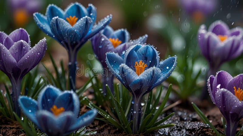 Spring Blue Crocus Flowers with Dew on Rain-Drop Streaked Background ...