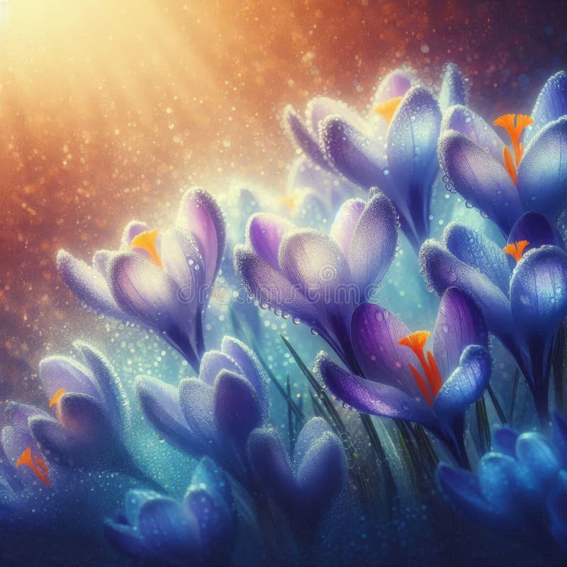 Spring Blue Crocus Flowers with Dew on Rain-Drop Streaked Background ...