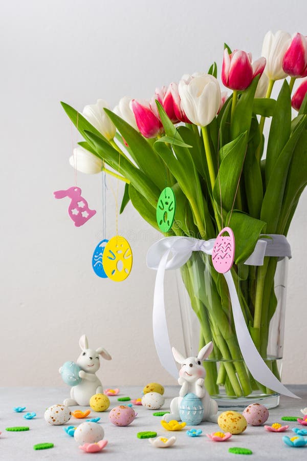 Spring Bouquet of Pink and White Tulips and Bunny Looking for Easter ...