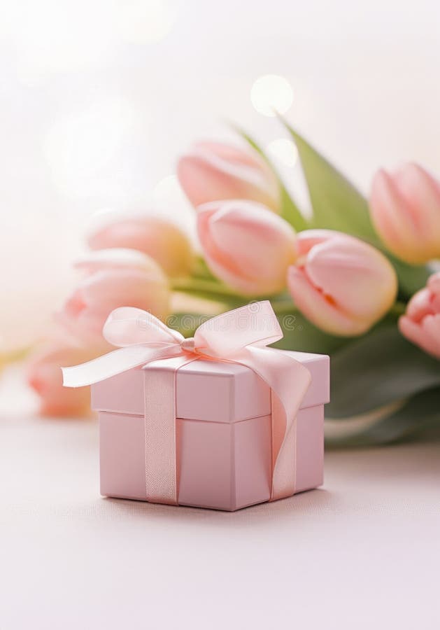 Spring Bouquet of Pink White Tulips and Gift Box on a Pastel Background ...