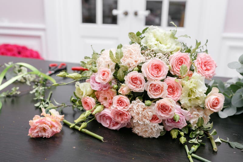 Spring Bouquet on Table. Master Class on Making Bouquets. Learning ...
