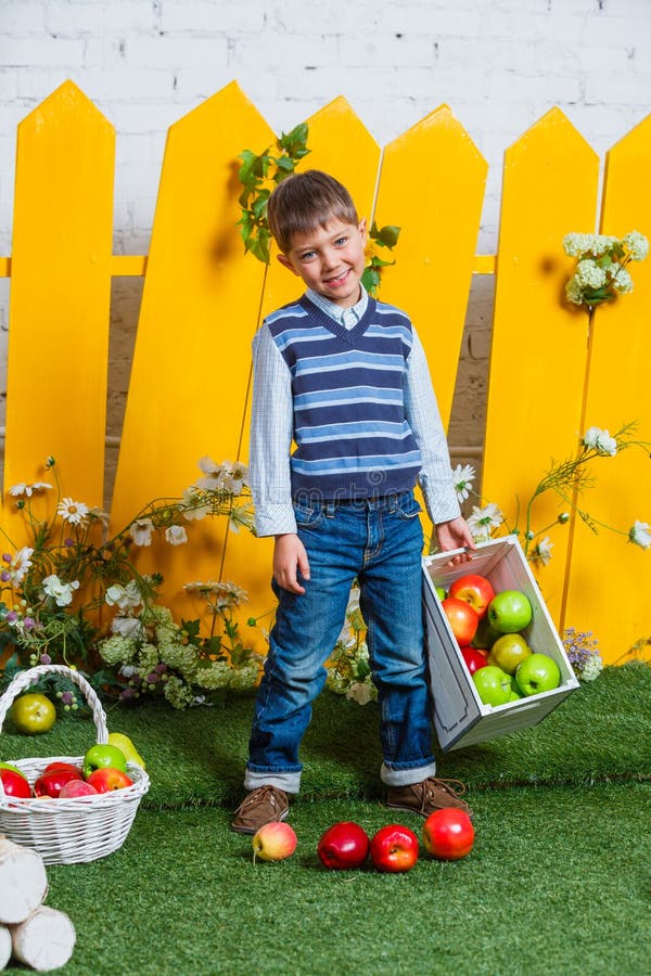 Spring boy with apples stock image. Image of child, health - 50958831