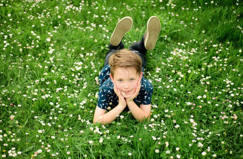 Spring Boy. Happy Childhood. Smiling Kid Lying on Grass. Dreaming ...