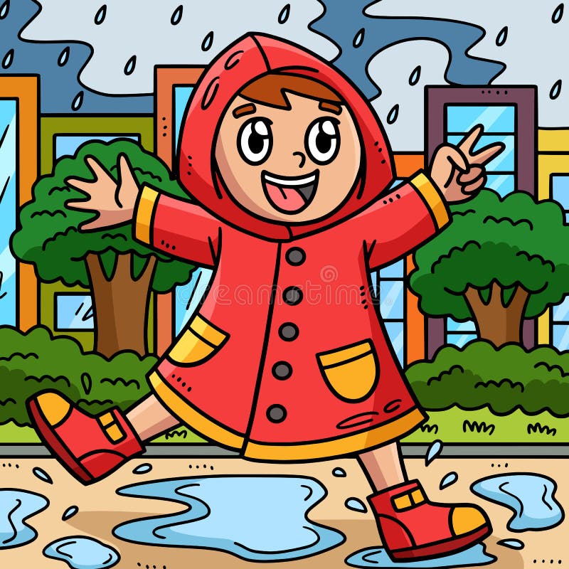 Spring Boy Playing Under the Rain Colored Stock Vector - Illustration ...