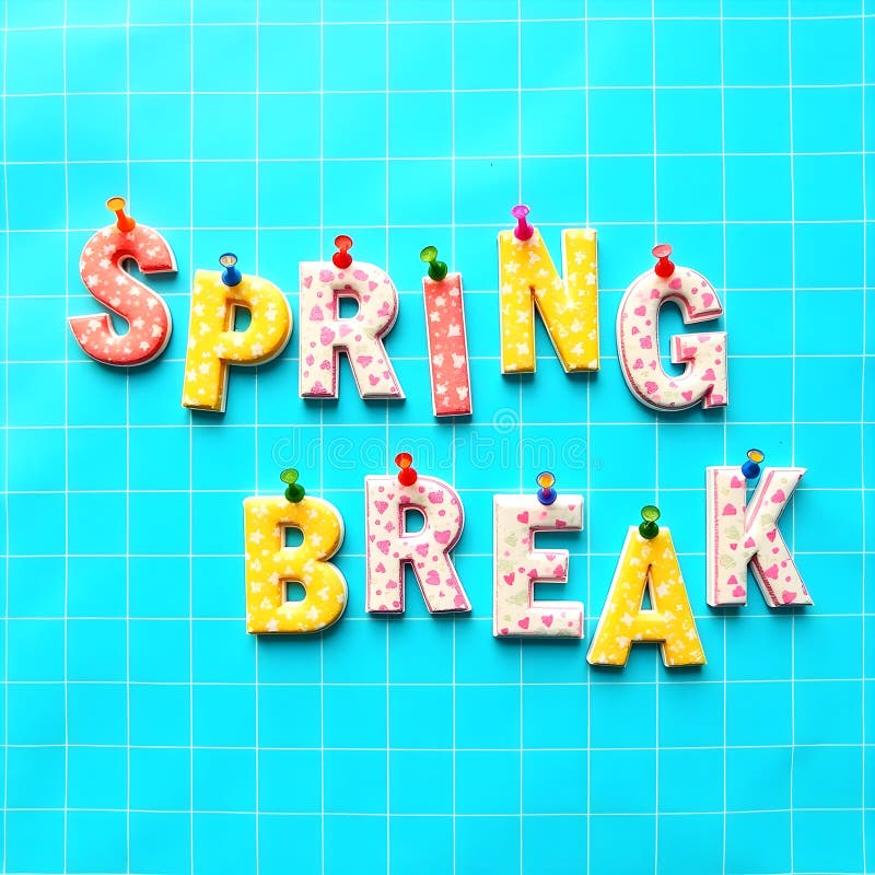 Spring Break in Cut-Out Magazine Letters on Blue Graph Paper Stock ...