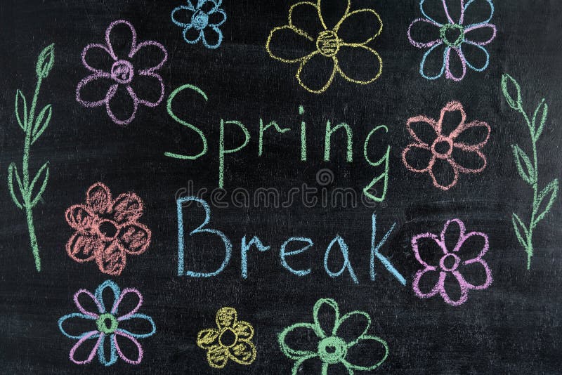 Spring Break with Flowers Written in Colorful Chalk on a Black ...
