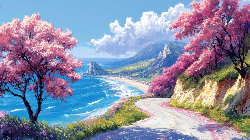 Spring Break Road Trip Along Scenic Coastal Path with Blooming Trees ...