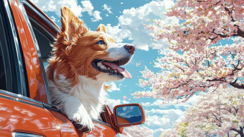 Cheerful Dog Enjoying Spring Break Road Trip with Cherry Blossoms ...
