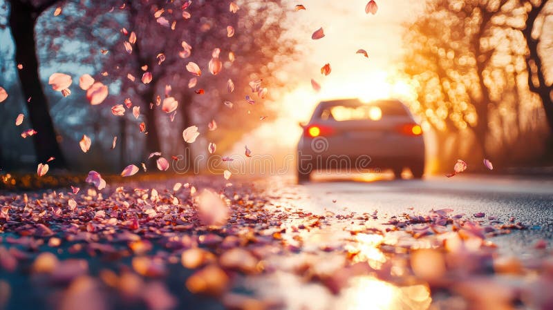 Spring Break Road Trip with Falling Petals and Sunset Glow. Generative ...