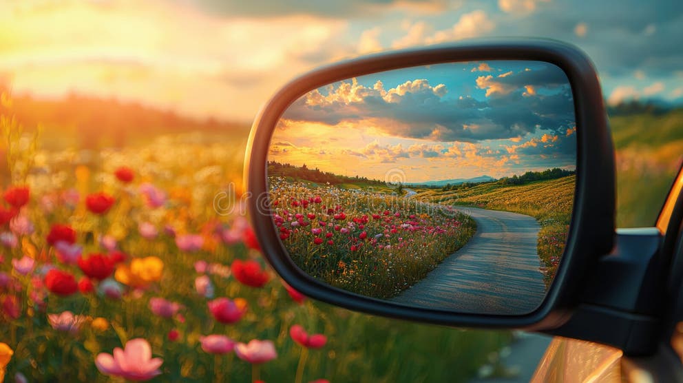 Spring Break Road Trip with Vibrant Flowers and Sunset Reflection ...