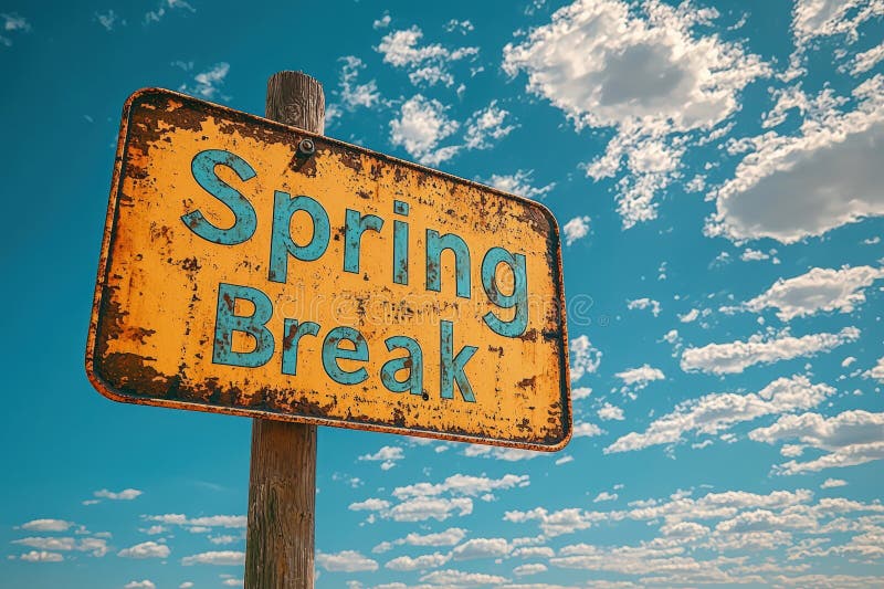 Spring Break Sign Against Bright Blue Sky with Fluffy Clouds Stock ...