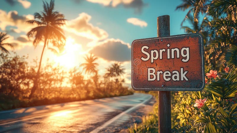 Spring Break Sign on Sunny Highway with Palm Trees and Vibrant Colors ...
