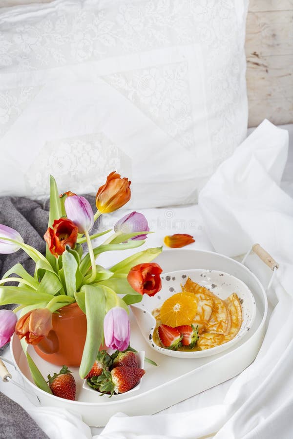 Spring breakfast in bed stock image. Image of double - 111839181