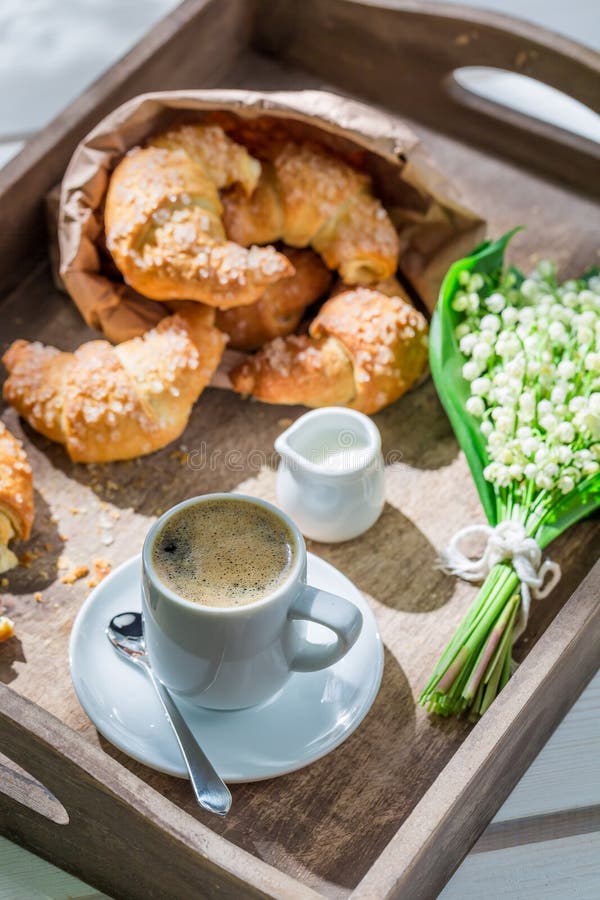 Spring Breakfast with Fresh Croissant and Hot Coffee Stock Image ...