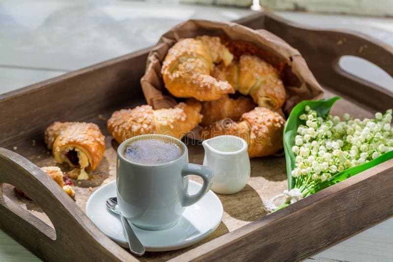 Spring Breakfast with Hot Coffee and Croissant Stock Photo - Image of ...