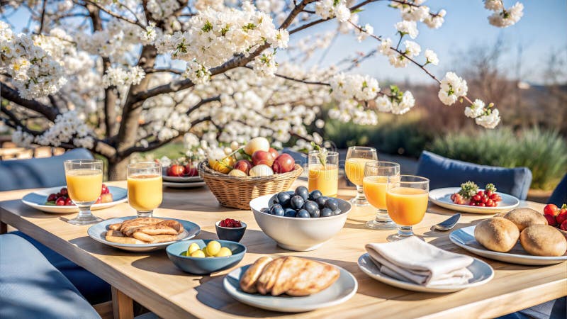 Spring Breakfast on Wooden Table with Flowering Tree Backdrop and ...