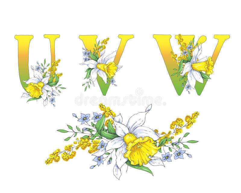 Spring Bright Letters with Daffodils and Forget-me-nots. Stock Vector ...