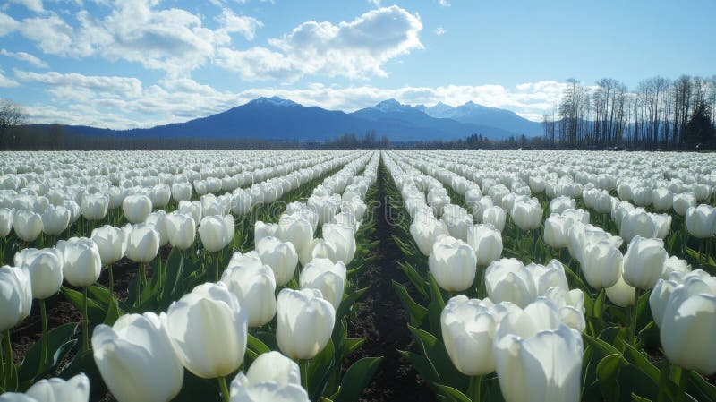 Spring Brings Vibrant Flower Fields, Where Rows of White Tulips ...