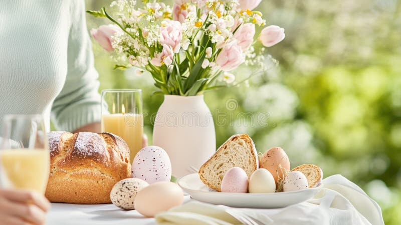 Spring Brunch Table with Flowers, Bread, and Easter Eggs in Sunlit ...