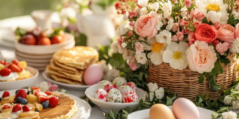 Spring Brunch Table with Pancakes, Painted Eggs, and Floral Centerpiece ...