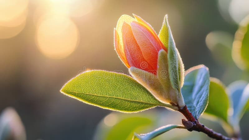 Spring Bud Begins To Open Under Warm Golden Light with Soft Background ...