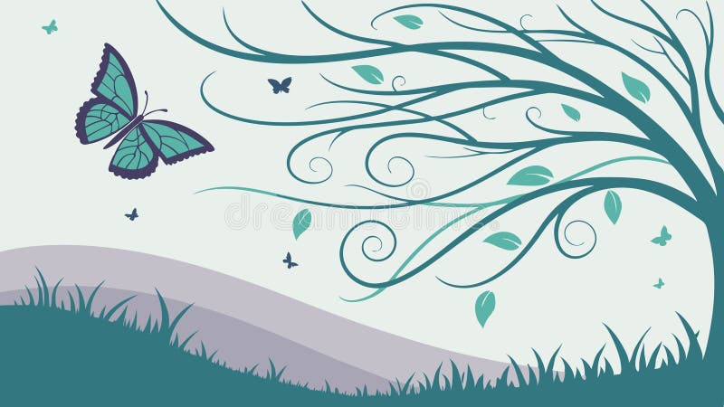 Spring Butterflies and Swirling Branches in Gentle Breeze, Vector ...