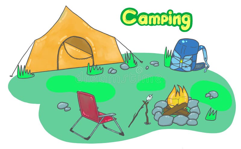 Spring Camping Trip with Camping Tools Stock Illustration ...