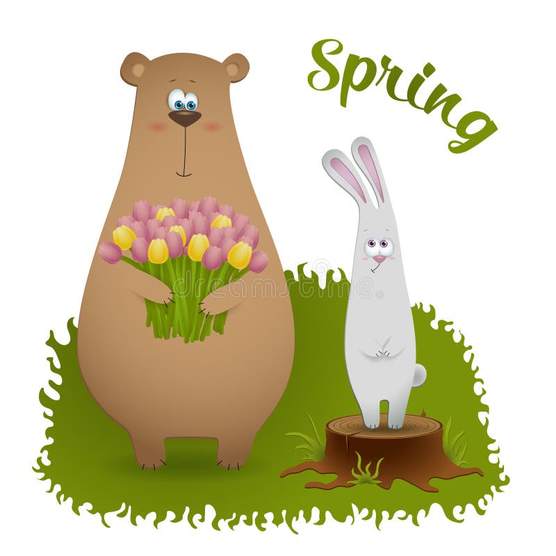 Spring Card with Bear and Rabbit Stock Vector - Illustration of nature ...