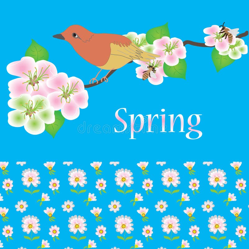 Spring Card with Bird, Bee and Flowers Stock Vector - Illustration of ...