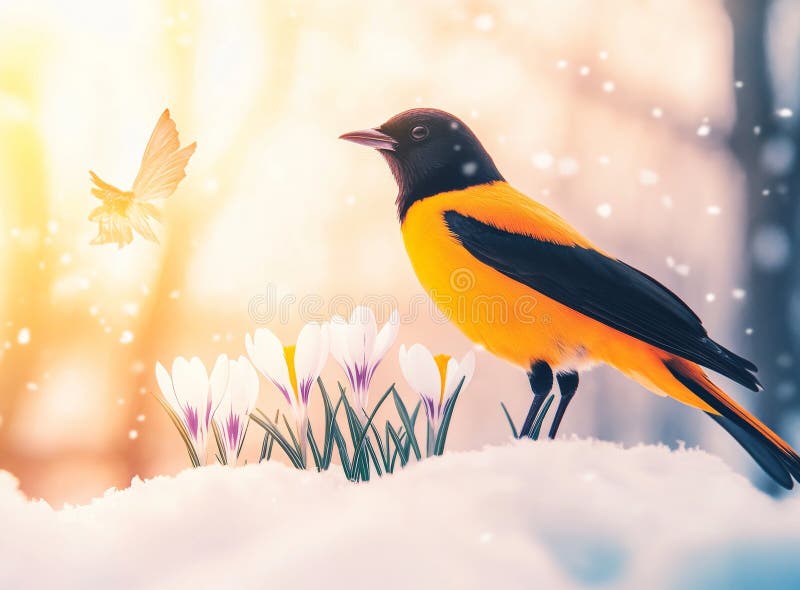 A Spring Card Featuring a Bird Taking Flight Towards Yellow Snowdrops ...