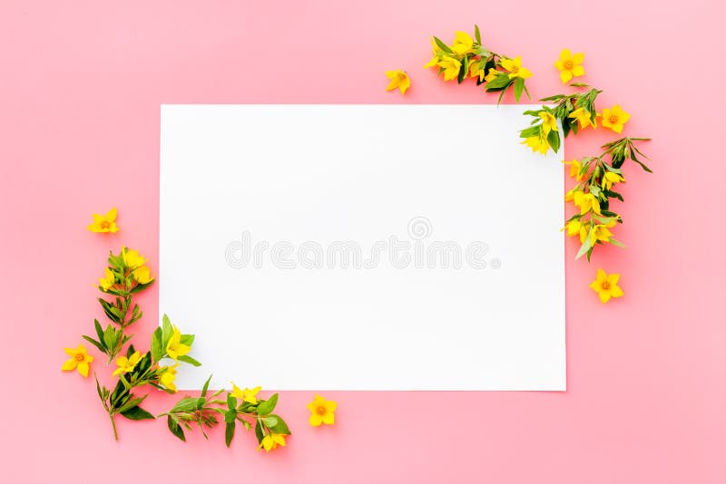 Spring Card Mockup with Yellow Flowers with Leaves, Top View Stock ...