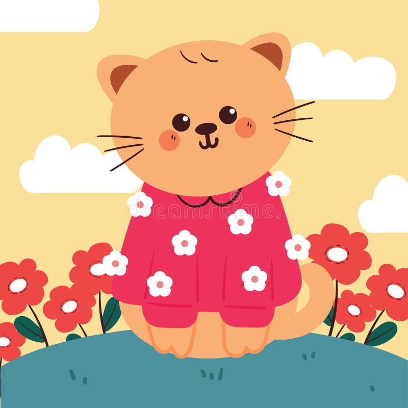Cute Card with Cartoon Cat and Flower. Animal Card with Spring Vibes ...