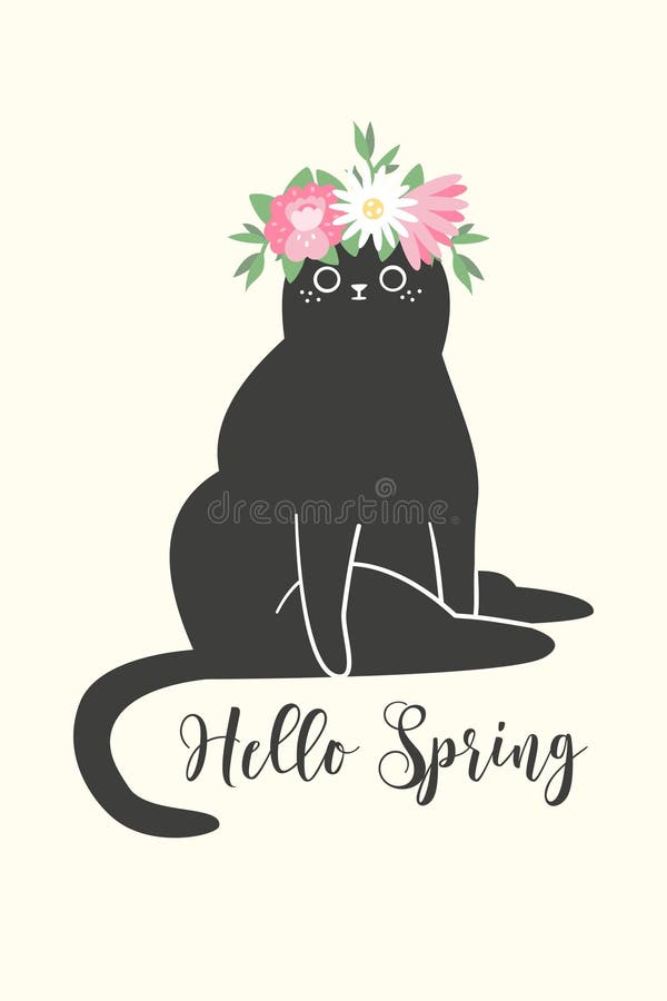 Spring Card Template. Cute Black Cat Sitting in a Wreath of Flowers ...