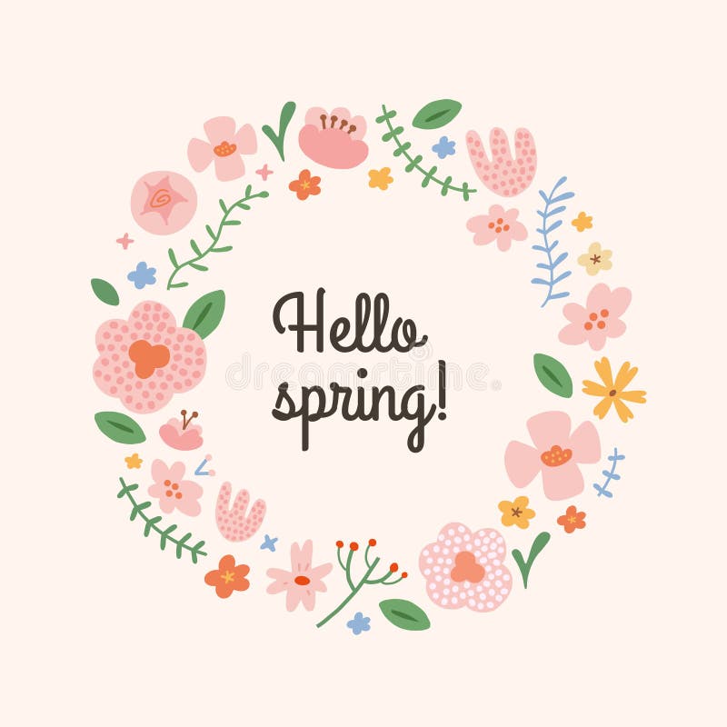 Spring Card with Typography and Flower Illustrations. Hello Spring Card ...