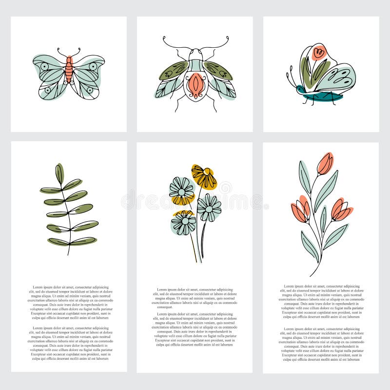 Spring Cards with Flowers, Insects, and Text Line Art Stock Vector ...