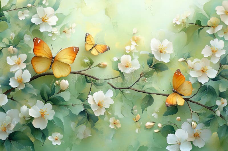 Spring Celebration with Blooming Cherry Blossoms and Butterflies Stock ...