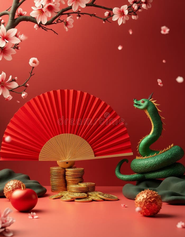 Spring Celebration: Cherry Blossoms, Chinese Dragon, and Gold Coins in ...