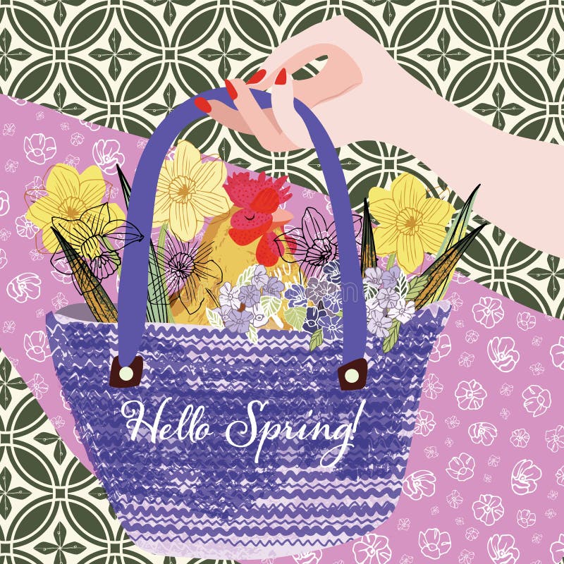 Spring Celebration Illustration with Hen and Spring Flowers in a Basket ...