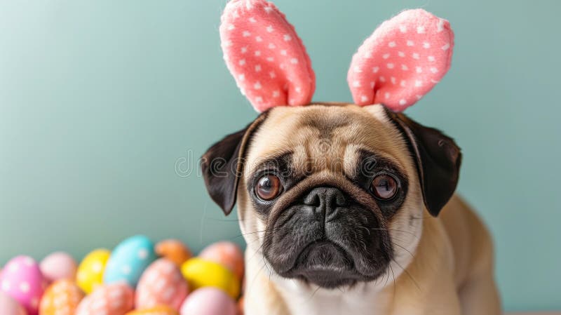 Spring Celebration: Pug Dog in Bunny Ears with Easter Eggs Stock ...