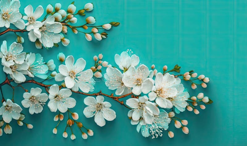 Spring Cherry Blossom Branches on Turquoise Background for Invitations ...