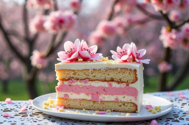 Spring Cherry Blossom Cake Slice with Pink Layers and Floral Decoration ...