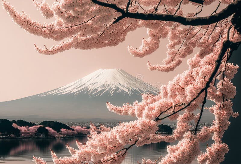 Spring Cherry Blossom with Mount Fuji in the Background. Generative Ai ...