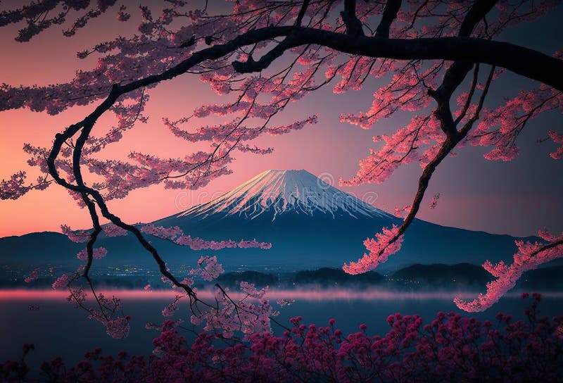 Spring Cherry Blossom with Mount Fuji in the Background. Generative Ai ...