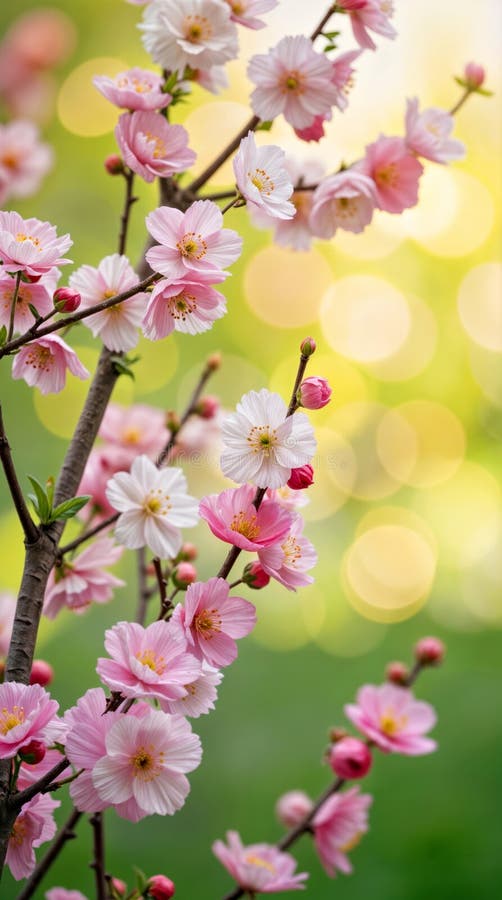 Spring Cherry Blossoms Against Soft Bokeh Background in Sunlit Garden ...